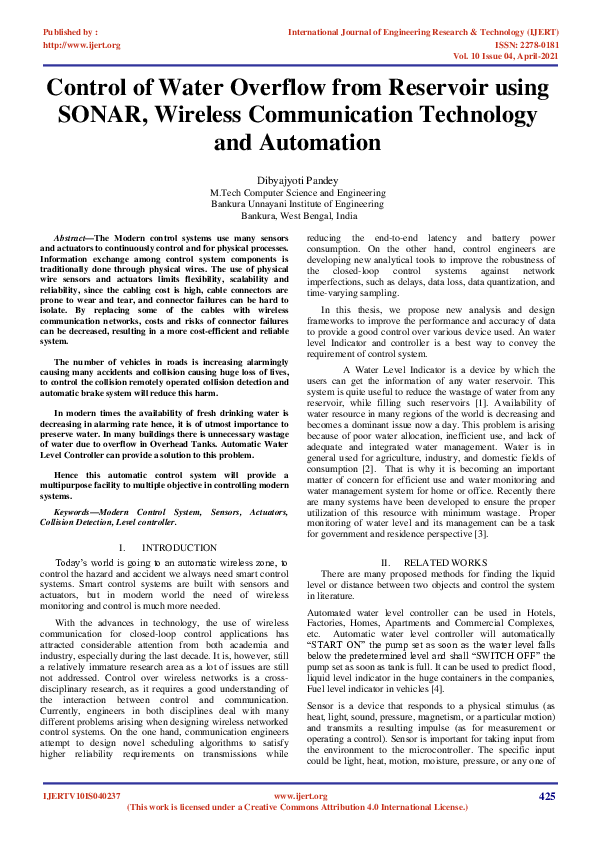 (PDF) Control of Water Overflow from Reservoir using SONAR, Wireless ...