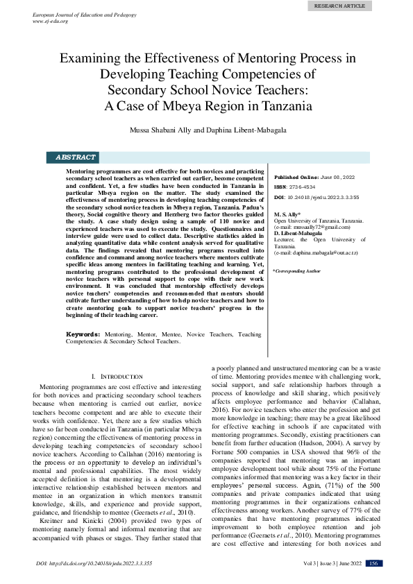 (PDF) Examining the Effectiveness of Mentoring Process in Developing Teaching Competencies of ...