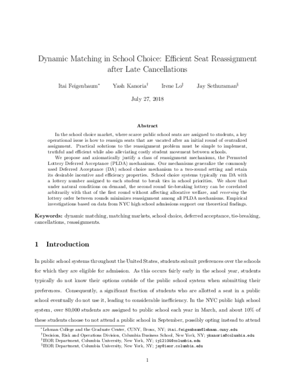 Pdf Dynamic Matching In School Choice Efficient Seat Reassignment