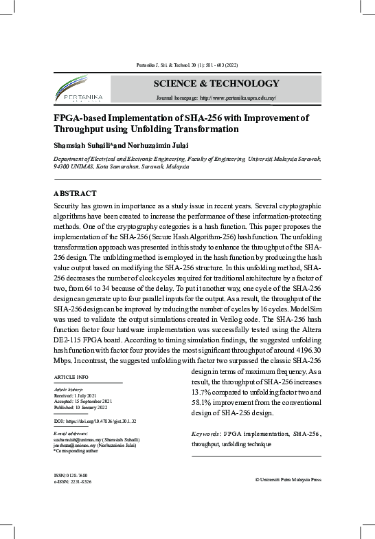 (PDF) FPGA-based Implementation of SHA-256 with Improvement of ... (PDF) FPGA-based Implementation of SHA-256 with Improvement of ...
