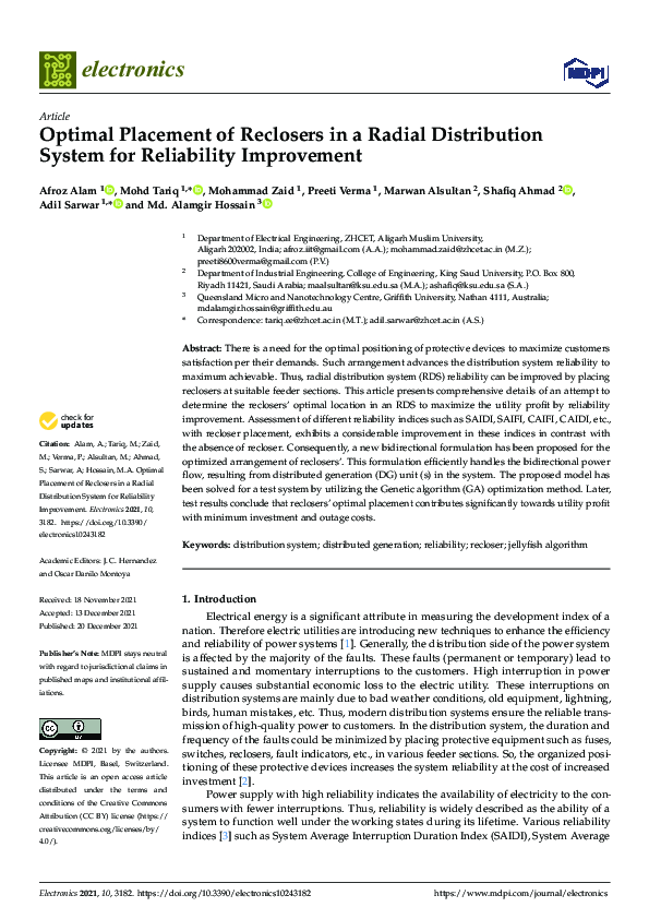 (PDF) Optimal Placement of Reclosers in a Radial Distribution System for Reliability Improvement
