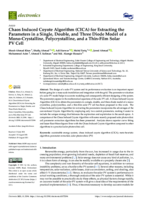 (PDF) Chaos Induced Coyote Algorithm (CICA) for Extracting the Parameters in a Single, Double ...