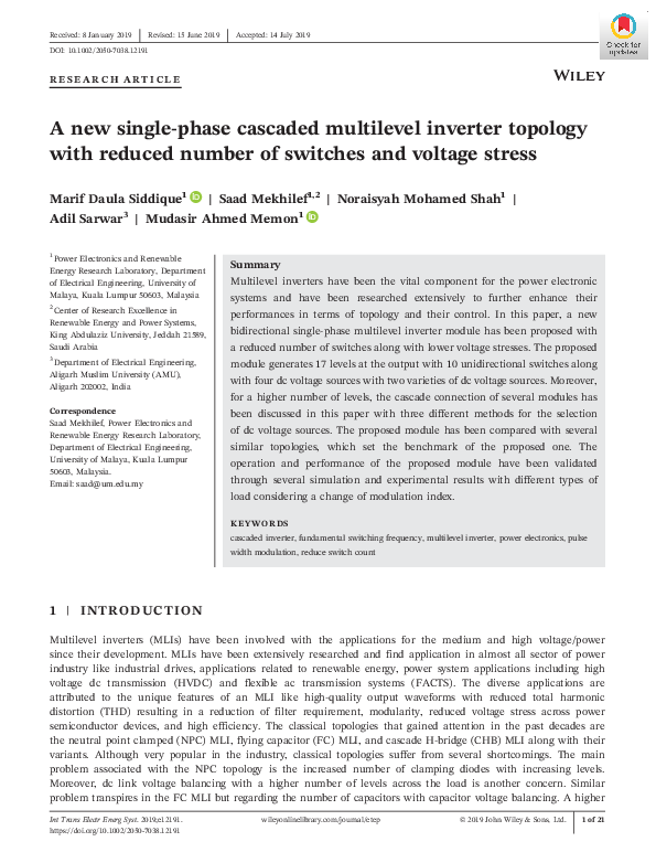 (PDF) A new single‐phase cascaded multilevel inverter topology with reduced number of switches ...