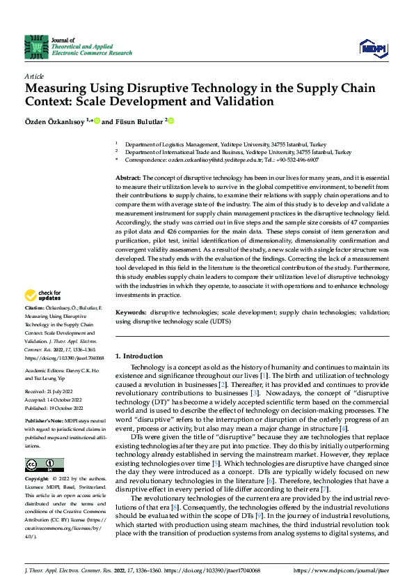 (PDF) Measuring Using Disruptive Technology in the Supply Chain Context: Scale Development and ...