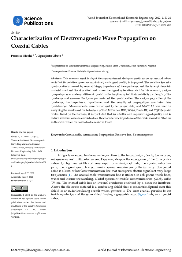 (PDF) Characterization of Electromagnetic Wave Propagation on Coaxial Cables