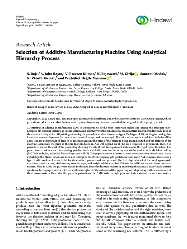 (PDF) Selection of Additive Manufacturing Machine Using Analytical ...