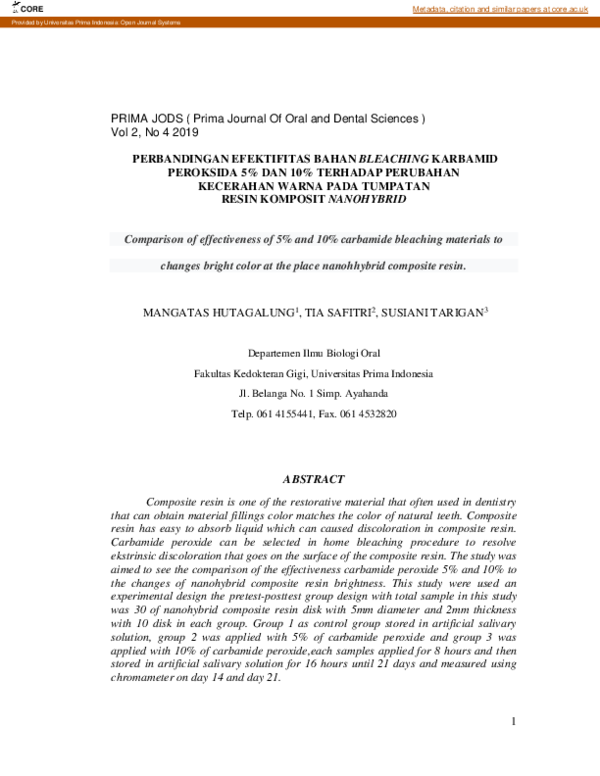 (PDF) Perbandingan Efektifitas Bahan Bleaching Karbamid Peroksida 5% Dan 10% Terhadap Perubahan ...