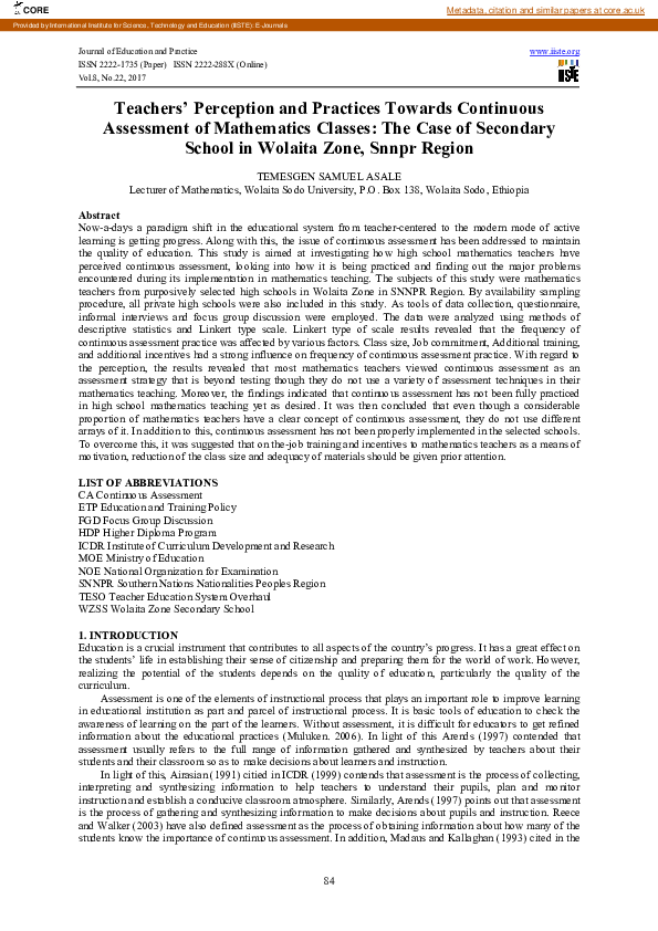 (PDF) Teachers’ Perception and Practices Towards Continuous Assessment of Mathematics Classes ...
