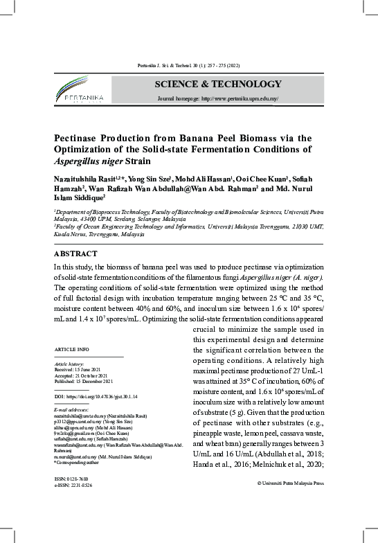 (PDF) Pectinase Production from Banana Peel Biomass via the Optimization of the Solid-state ...
