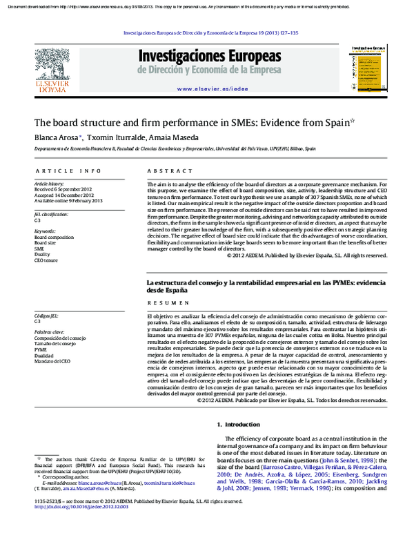 (PDF) The board structure and firm performance in SMEs: Evidence from Spain