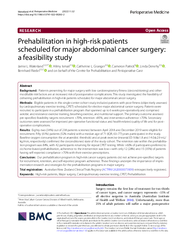 (PDF) Prehabilitation in high-risk patients scheduled for major abdominal cancer surgery: a ...