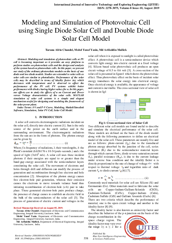 (PDF) Modeling and Simulation of Photovoltaic Cell using Single Diode Solar Cell and Double ...