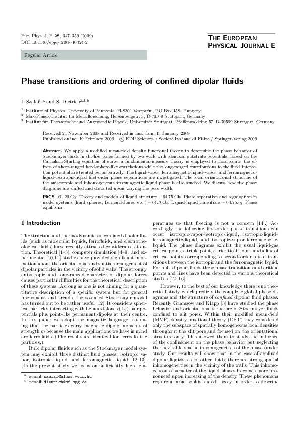 (PDF) Phase transitions and ordering of confined dipolar fluids