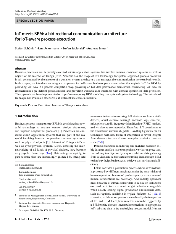 Pdf Iot Meets Bpm A Bidirectional Communication Architecture For Iot Aware Process Execution
