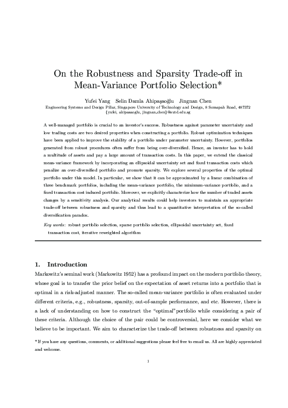 (PDF) On the Robustness and Sparsity Trade-Off in Mean-Variance Portfolio Selection