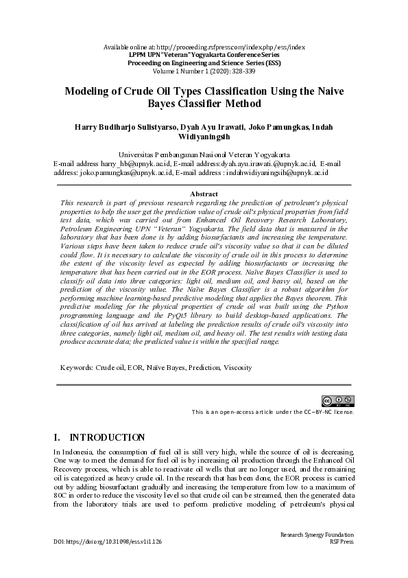 (PDF) Modeling of Crude Oil Types Classification Using the Naive Bayes Classifier Method