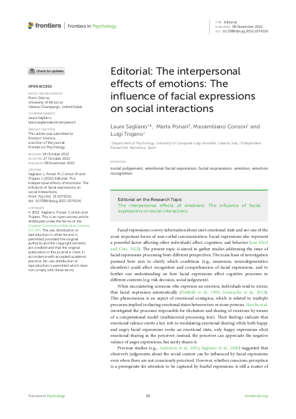 (PDF) Editorial: The interpersonal effects of emotions: The influence ...