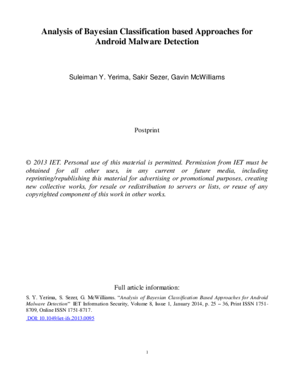 (PDF) Analysis of Bayesian classification‐based approaches for Android malware detection | Sakir ...