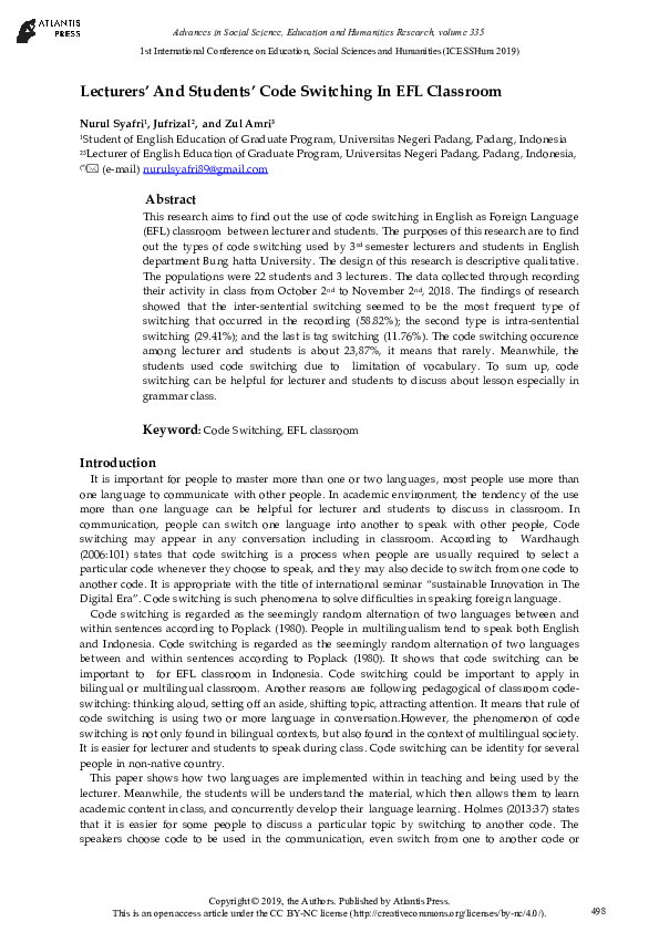 (PDF) Lecturers’ And Students’ Code Switching In EFL Classroom