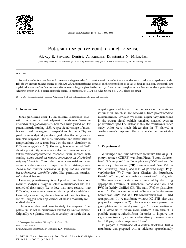 (PDF) Potassium-selective conductometric sensor | Konstantin N Mikhelson - Academia.edu