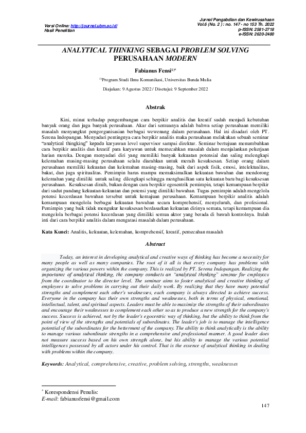 (PDF) Analytical Thinking Sebagai Problem Solving Perusahaan Modern