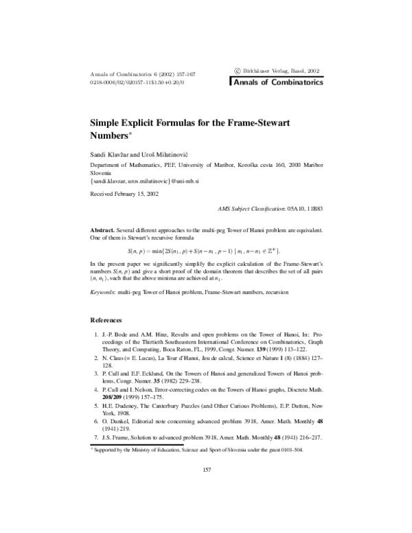 (PDF) Simple Explicit Formulas for the Frame-Stewart Numbers | Uroš ...