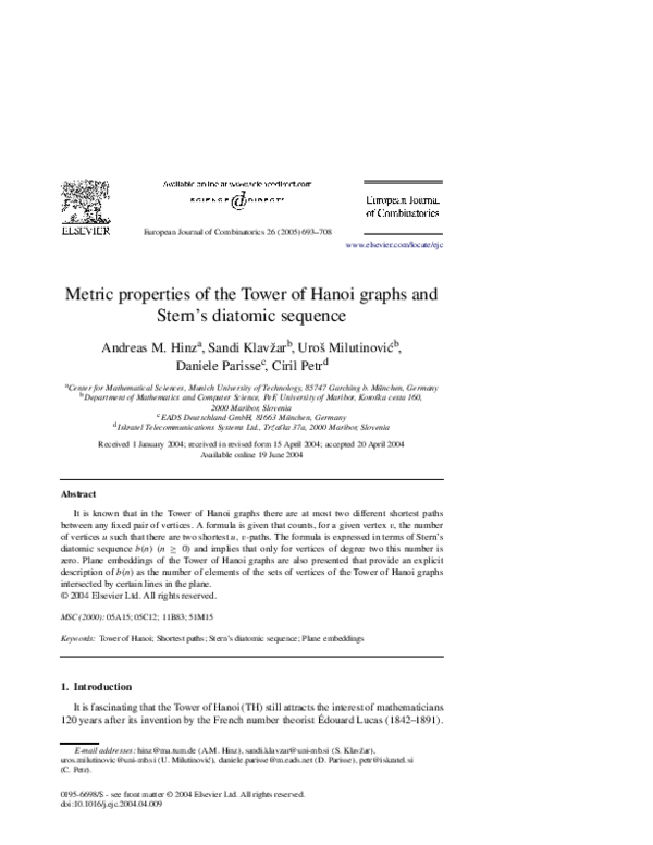 (PDF) Metric properties of the Tower of Hanoi graphs and Stern’s ...