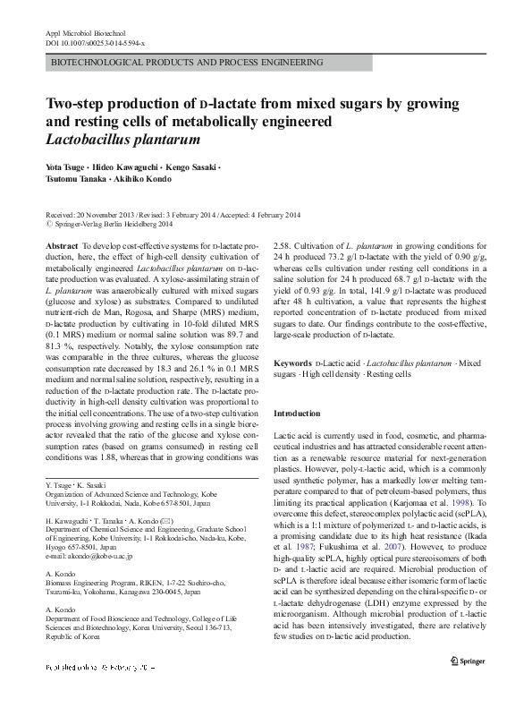 (PDF) Two-step production of d-lactate from mixed sugars by growing and ...