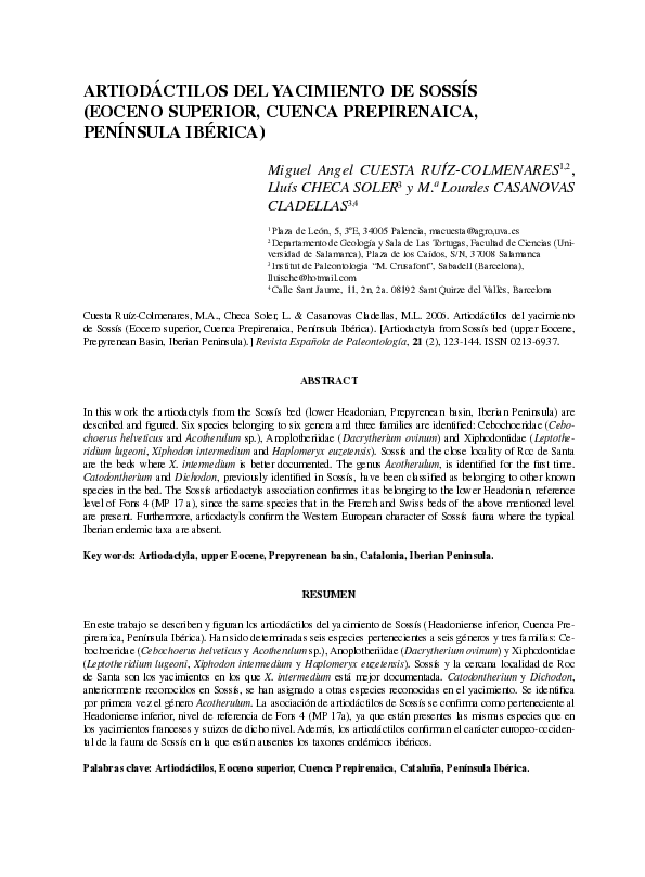 (PDF) Artiodáctilos del yacimiento de Sossís (Eoceno superior, Cuenca ...