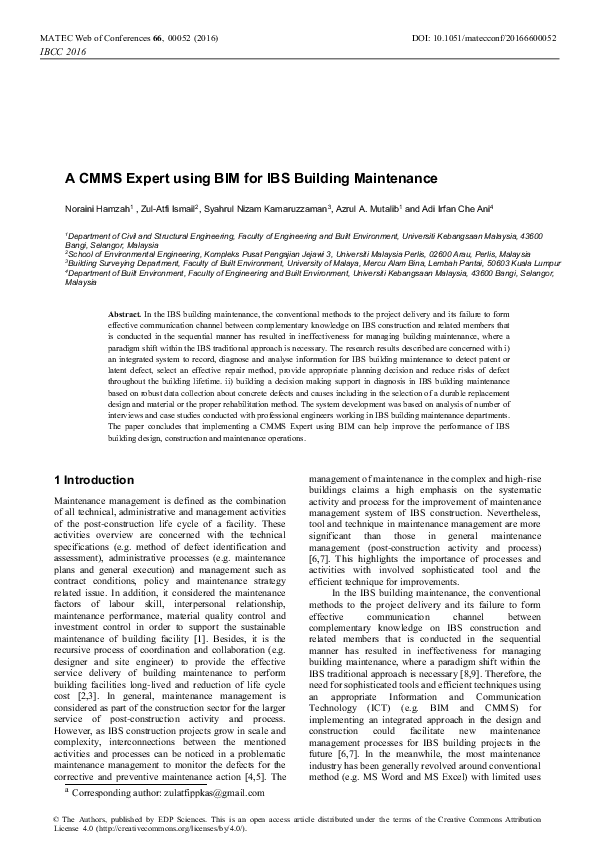 (PDF) A CMMS Expert using BIM for IBS Building Maintenance