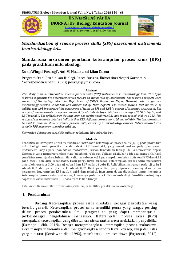 (PDF) Standardization of science process skills (SPS) assessment instruments in microbiology labs