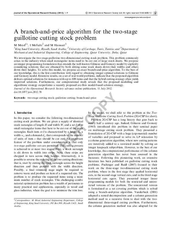 (PDF) A branch-and-price algorithm for the two-stage guillotine cutting ...