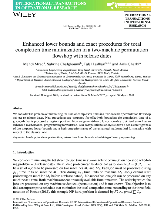 (PDF) Minimizing Completion Time in Two-Machine Flowshop Scheduling