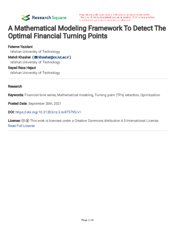(PDF) A Mathematical Modeling Framework To Detect The Optimal Financial Turning Points
