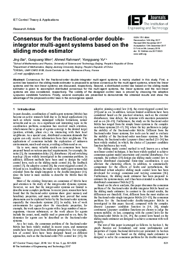 Pdf Consensus For The Fractional‐order Double‐integrator Multi‐agent Systems Based On The