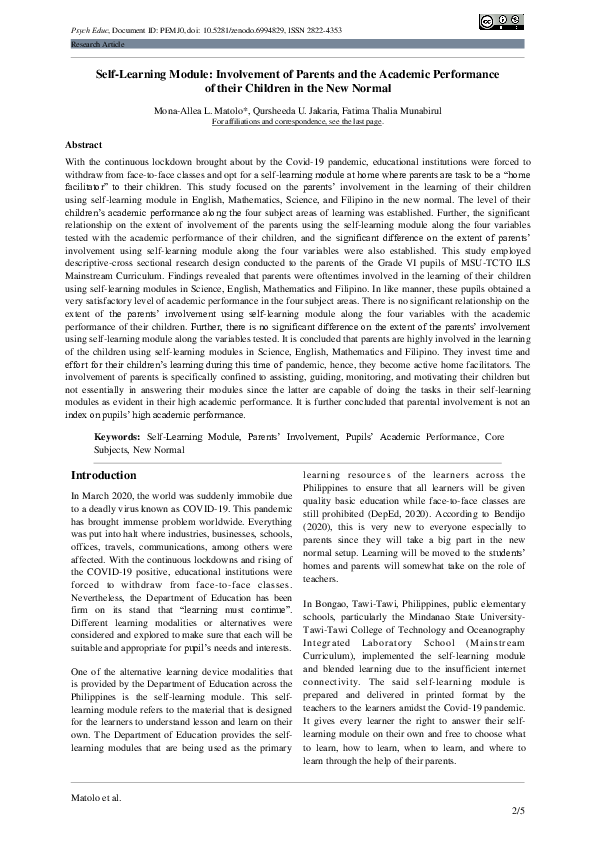 (PDF) Self-Learning Module: Involvement of Parents and the Academic ...