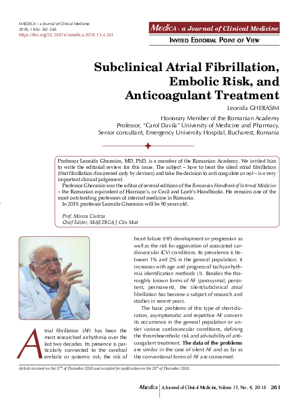 Subclinical Atrial Fibrillation, Embolic Risk, and Anticoagulant Treatment