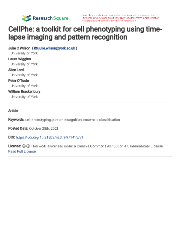 (PDF) CellPhe: a toolkit for cell phenotyping using time-lapse imaging and pattern recognition