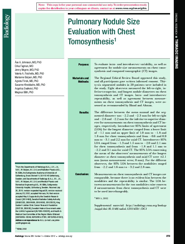 (PDF) Pulmonary Nodule Size Evaluation with Chest Tomosynthesis