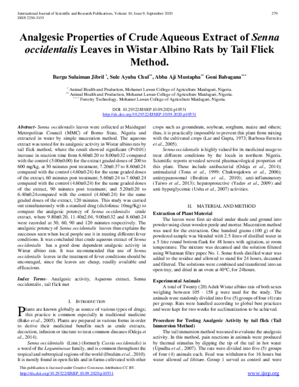 (PDF) Analgesic Properties of Crude Aqueous Extract of Senna occidentalis Leaves in Wistar ...