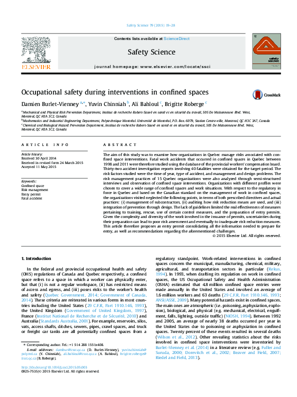 (PDF) Occupational safety during interventions in confined spaces