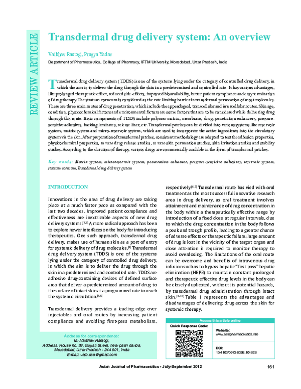 (PDF) Transdermal drug delivery system: An overview | Amnon Sintov ...
