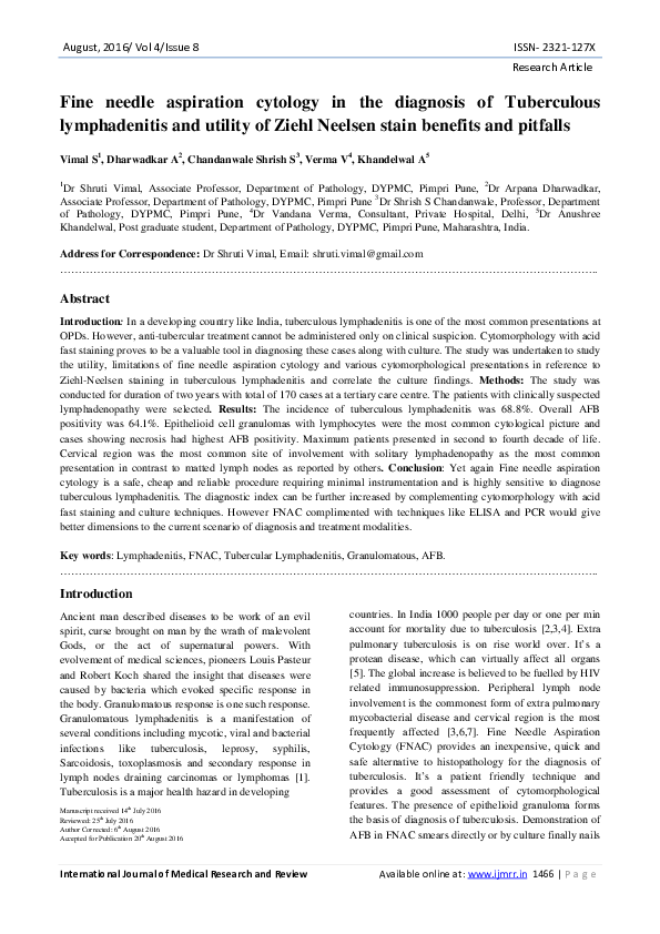 (PDF) Fine needle aspiration cytology in the diagnosis of Tuberculous ...
