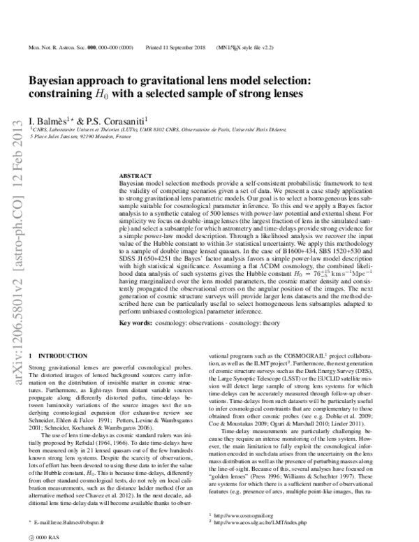(PDF) Bayesian approach to gravitational lens model selection: constraining H0 with a selected ...