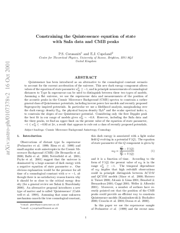 (PDF) Constraining the quintessence equation of state with SnIa data ...