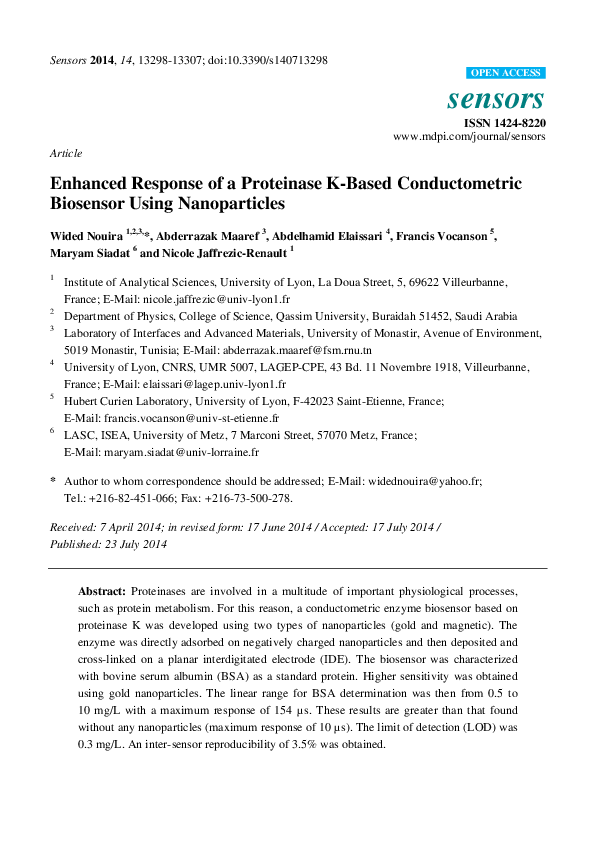 (PDF) Enhanced Response of a Proteinase K-Based Conductometric ...