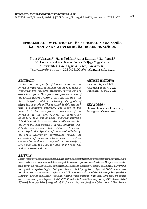 (PDF) Managerial Competency of the Principal in Sma Banua Kalimantan ...
