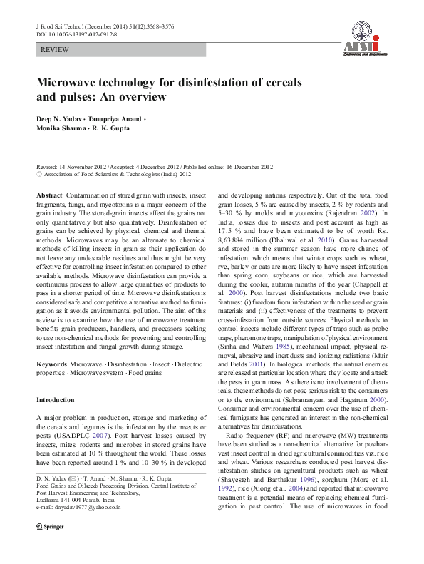 (PDF) Microwave technology for disinfestation of cereals and pulses: An overview