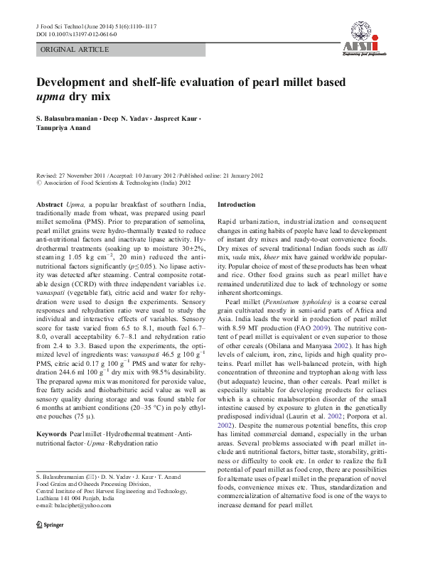 (PDF) Development and shelf-life evaluation of pearl millet based upma ...