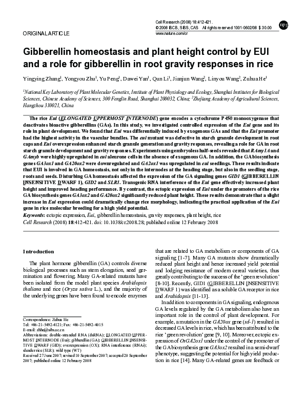 (PDF) Gibberellin homeostasis and plant height control by EUI and a ...